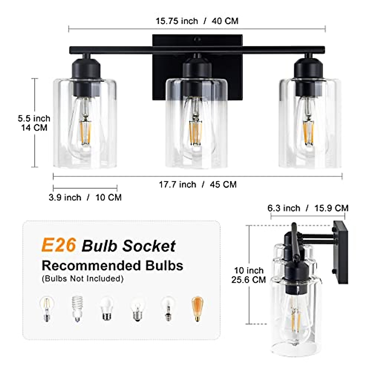 GZDEZCL Bathroom Vanity Light Fixtures, 3-Light Bathroom Wall Light Matte Black Bathroom Wall Lamp Modern Wall Sconce Lighting with Clear Glass Shade for Mirror Bedroom Powder Room Hallway(17.7 Inch)