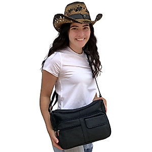 SILVERFEVER Medium Leather Handbag | Ladies Shoulder Bag | Organizer w Built in Wallet (black cowhide)