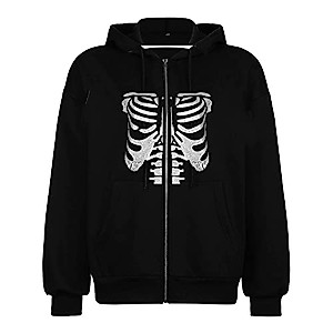 NUFIWI Women Graphic Printed Oversized Y2K Sweatshirt Zip Up Long Sleeve Hoodies Aesthetic Jacket Streetwear with Pockets (Skeleton 1, L)
