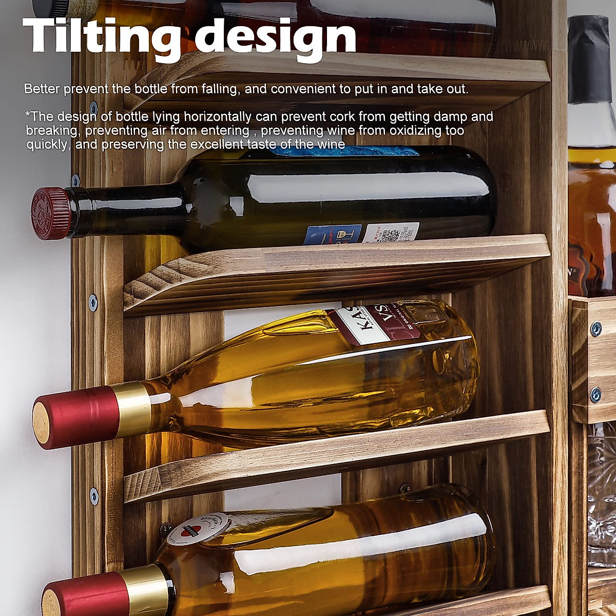 Homde Wine Rack Wall Mounted Wood,Wine Shelf with Bottle Stemware Glass Holder Rustic, Wine Display Storage Rack with Cork Holder for Home Bar Kitchen Decor