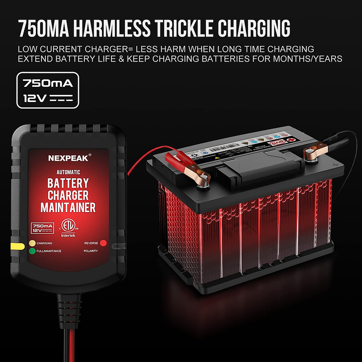 NEXPEAK NC075 12V 750mA Automatic Battery Charger, Battery Maintainer, Trickle Charger, and Battery Desulfator