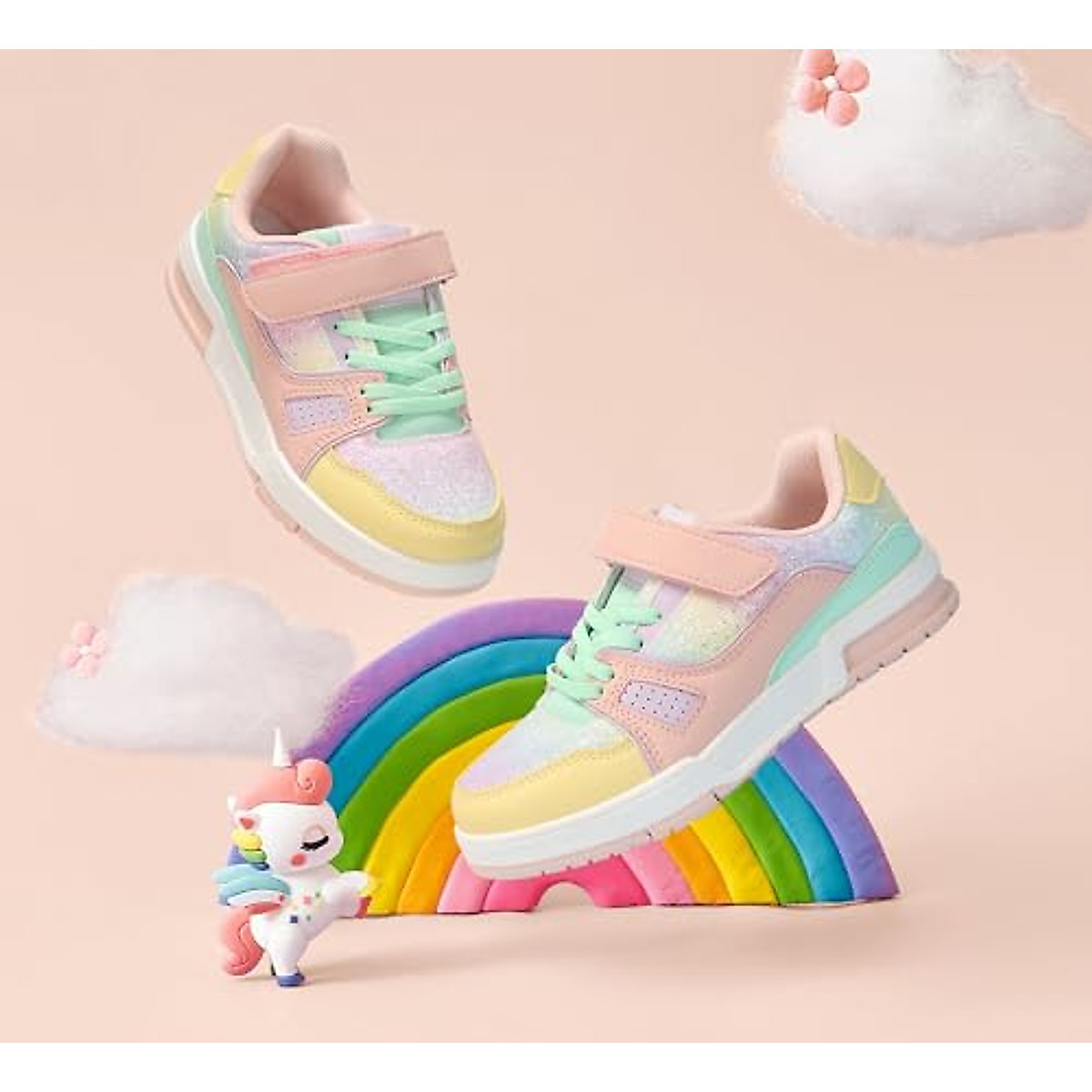 LUCKY STEP Children/Kids/Boys/Girl Comfort Casual School Low Top Sneaker Strap Athletic Tennis Running Shoes (Pink/Rainbow,Little Kids 2)