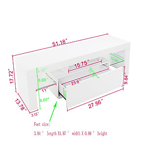 MTFY Modern TV Stand with LED Light, Entertainment TV Stand Cabinet with Single Drawer, Television Table Center Furniture for Living Room Bedroom, for 52'' TV, White