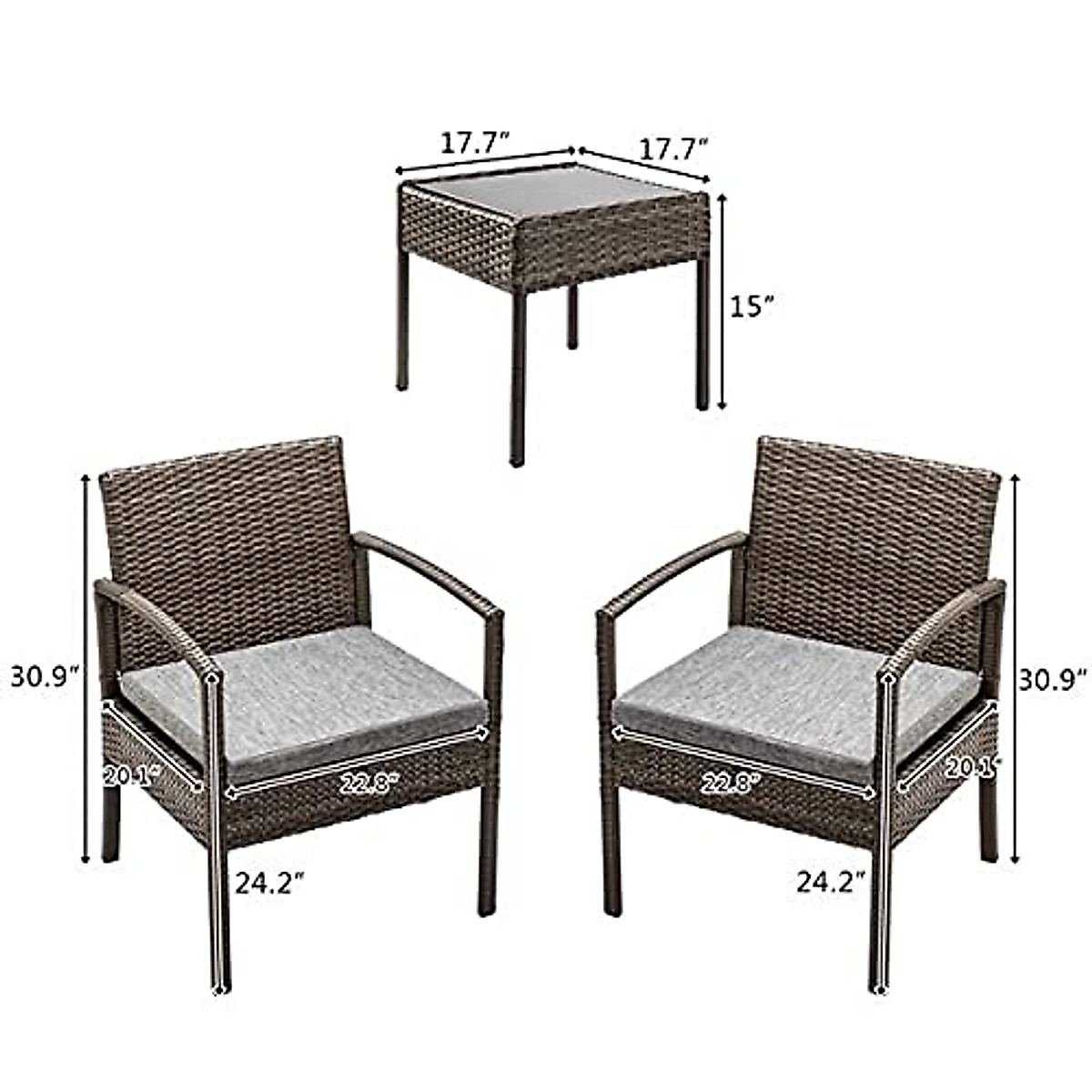 JYDQM in Stock 3 Piece Patio Furniture Set Wicker Rattan Outdoor Patio Conversation Set 2 Cushioned Chairs & End Table