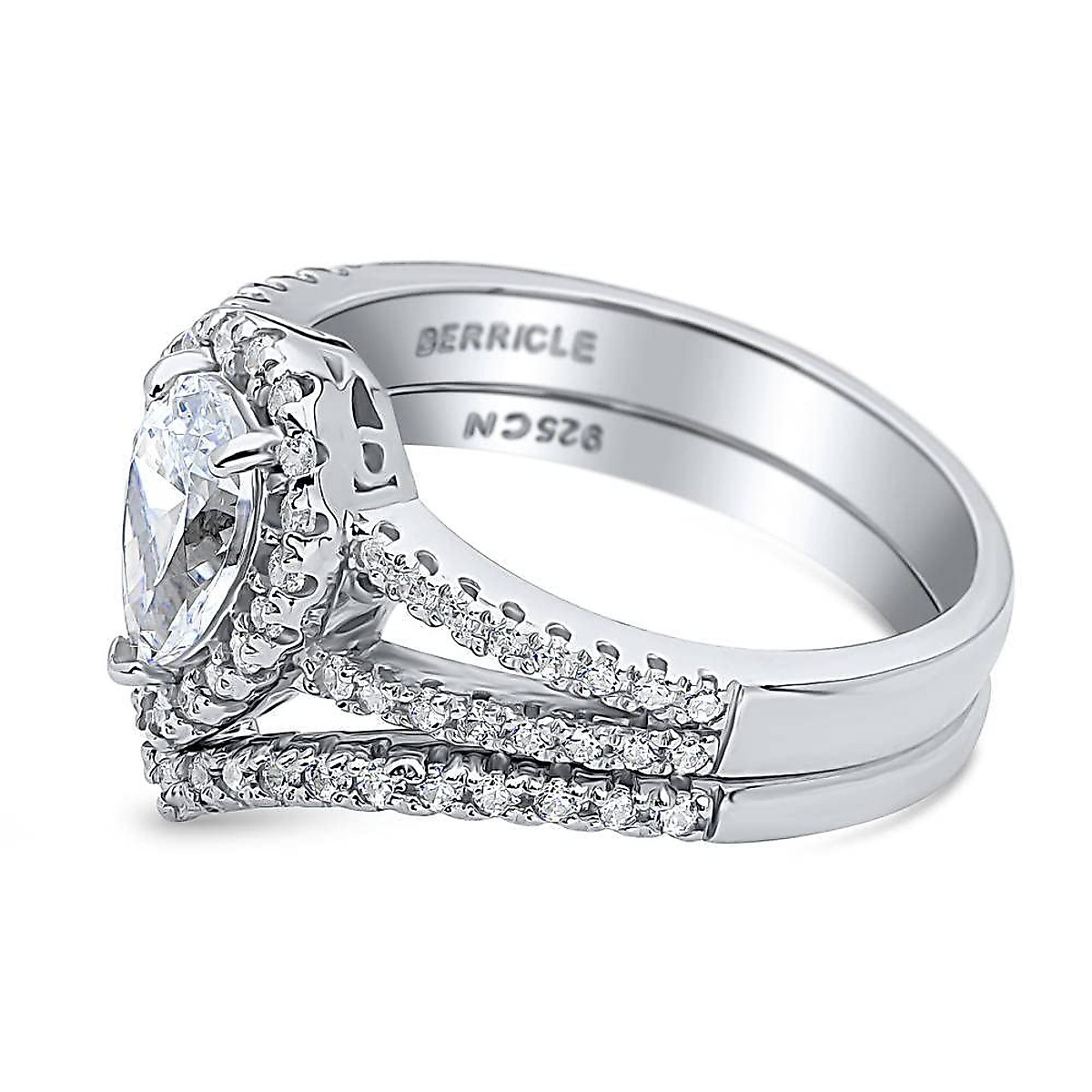 BERRICLE Sterling Silver Halo Wedding Engagement Rings Pear Cut Cubic Zirconia CZ Split Shank Ring Set for Women, Rhodium Plated Size 7.5
