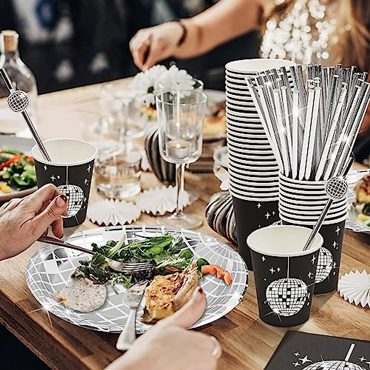 70s Disco Party Supplies Includes 50 Pcs Silver Disco Ball Paper Dinner Plates 50 Pcs Disco Party Cocktail Napkins 50 Pcs Disco Paper Cups 50 Pcs Straws Set for Disco Wedding Birthday Party Picnic