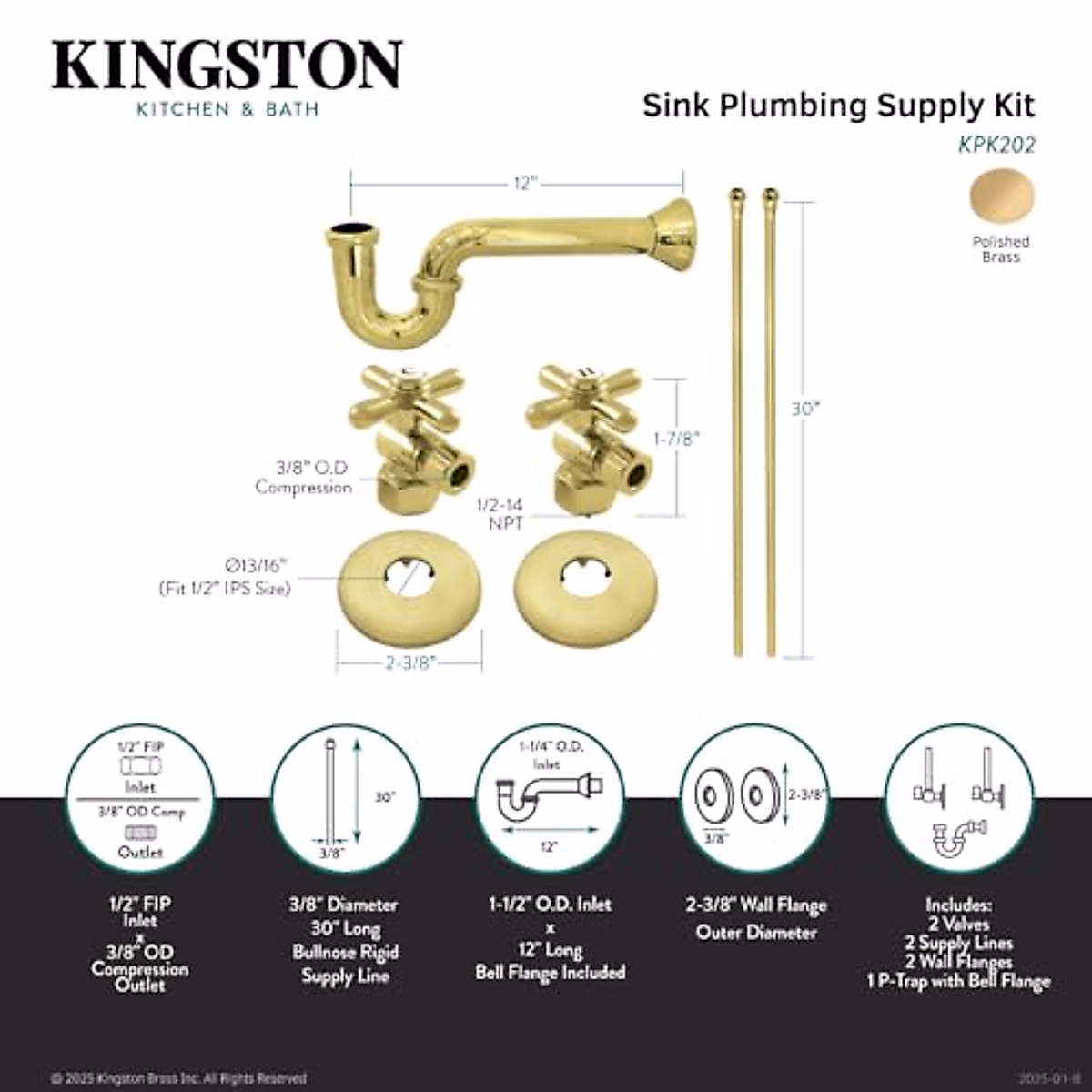Kingston Brass KPK202 Gourmet Scape Plumbing Supply Kit with 1-1/2" P-Trap - 1/2" IPS Inlet x 3/8" Comp Oulet, Polished Brass
