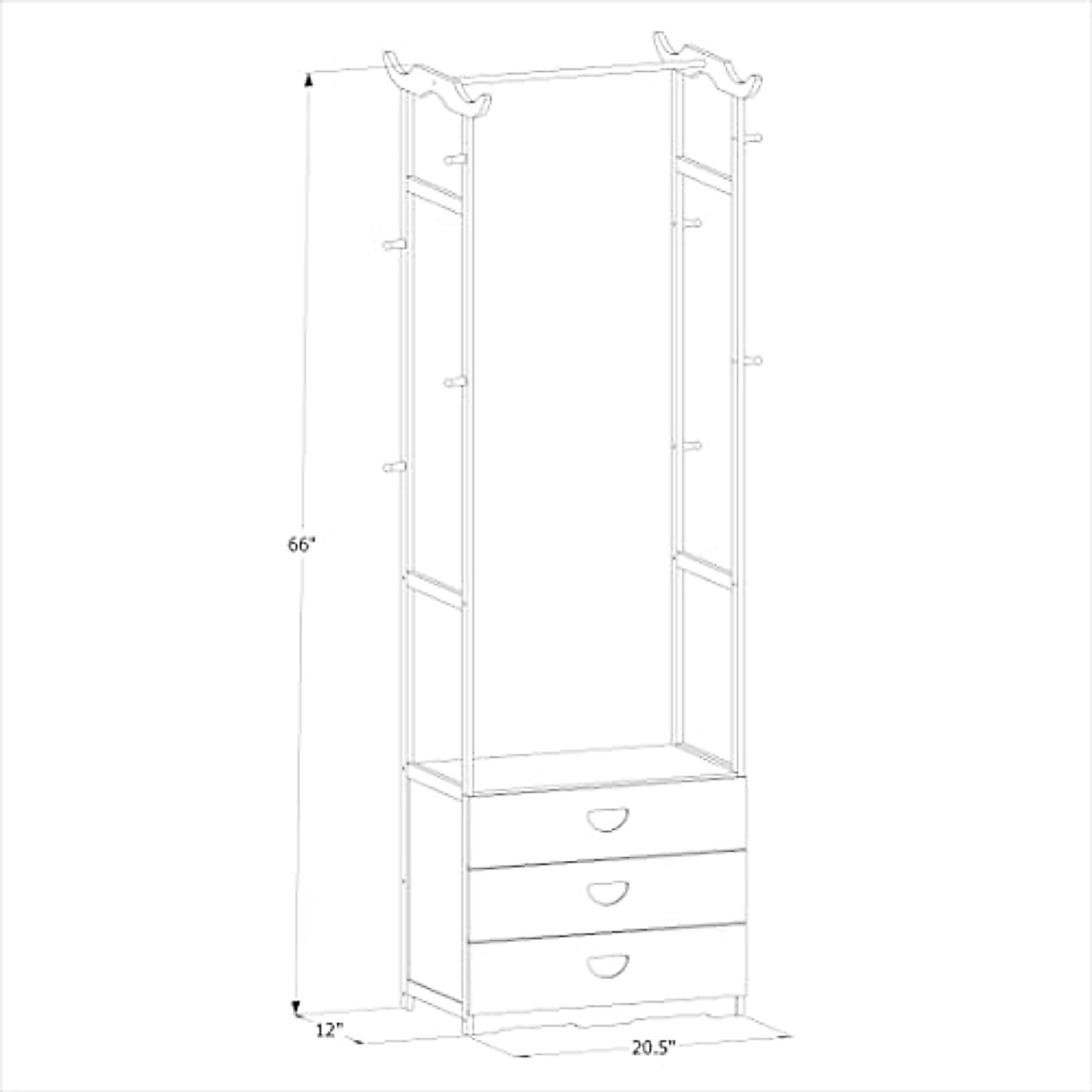 MoNiBloom Bamboo Garment Rack with 3 Drawers and 8 Hooks, Clothes Racks Storage Shelving Organizer Unit for Bedroom Laundry Room Guest Room, Brown