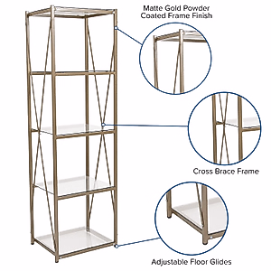 Flash Furniture Mar Vista Collection 4 Shelf 64"H Cross Brace Glass Bookcase in Matte Gold
