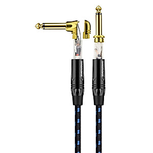 DREMAKE 1/4 Guitar Amp Straight to Right Angel Patch Cord, 10 Feet Quarter Inch Cable Black/Yellow Braided Tweed, Jack 6.35mm 1/4 Inch Guitar Cable for Electric Guitar, Bass, Keyboard to PA Certified