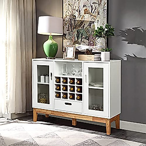PETSITE White Sideboard Buffet Storage Cabinet with Removable Wine Rack, Glass Doors, Open Shelf & Drawer, Wood Accent Console Table for Living Room, Entryway