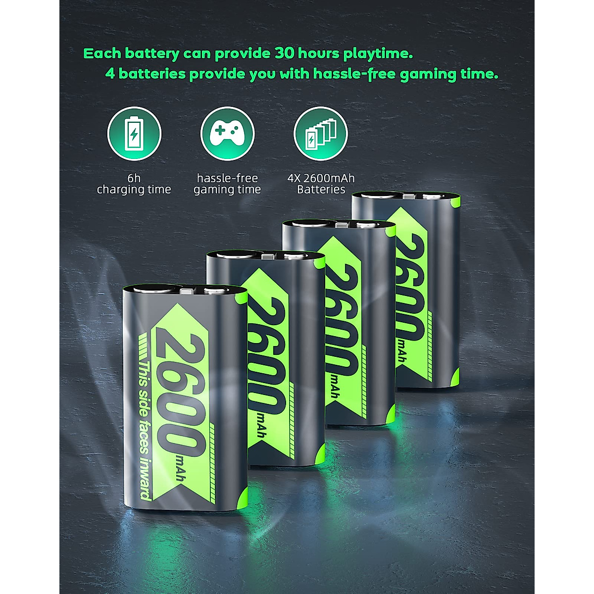 Rechargeable Battery Pack for Xbox Controller,4x2600mAh Batteries with Charger,Rechargeable Batteries Charger Station Compatible with Xbox Series X|S/Xbox One/Xbox One S/X/Elite Controller (4x2600mAh)