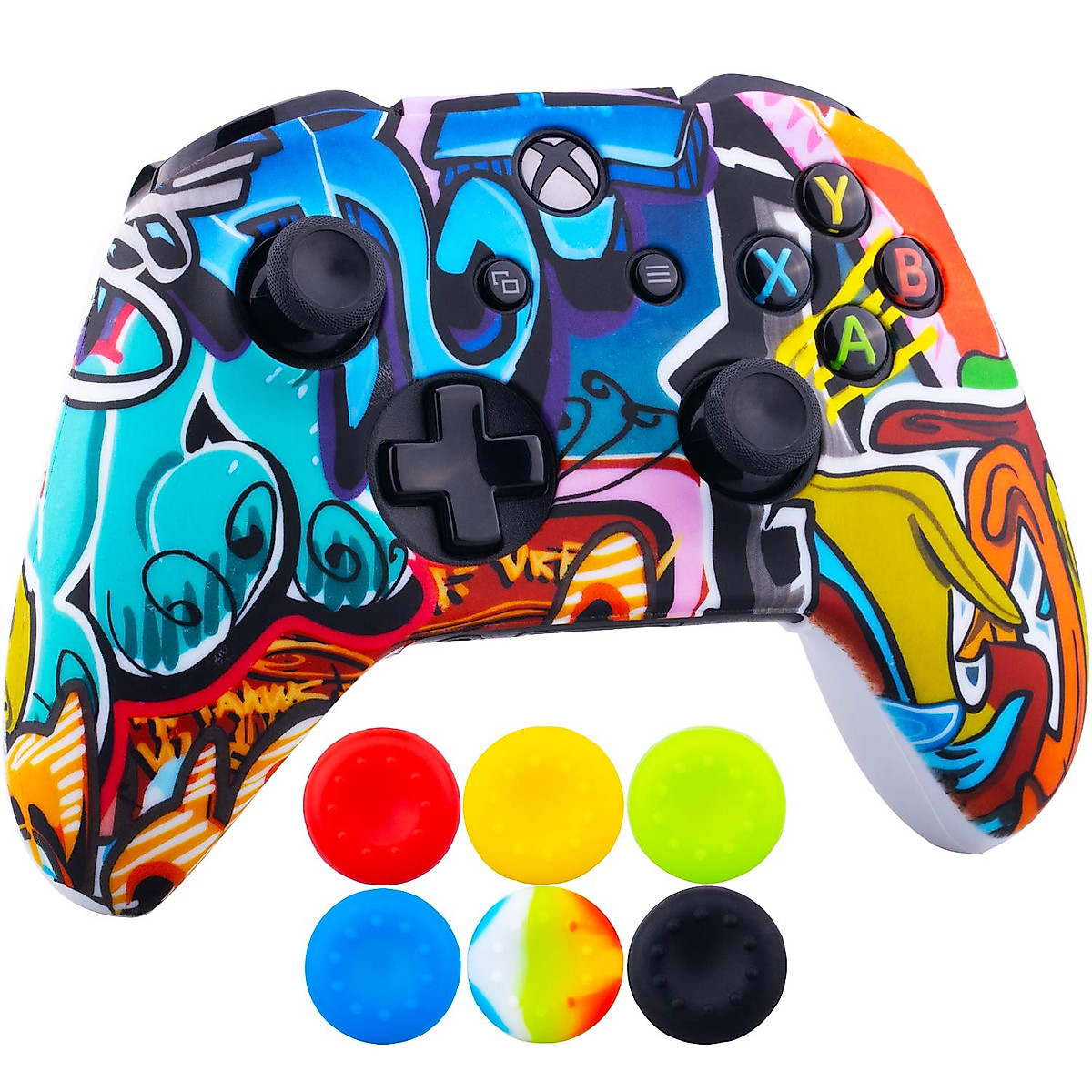 9CDeer 1 Piece of SiliconeTransfer Print Protective Cover Skin + 6 Thumb Grips for Xbox One/S/X Controller Cartoon Paints