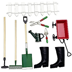 Miniature Fairy Garden Farming Tools, 9 Packs 1:12 Mini Metal Spade Pestle Rake Wagon Kettle Wood Fence Yard Supplies Scene Model Set Dollhouse Decor Accessories