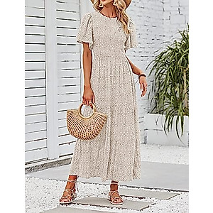 ZESICA Women's 2023 Summer Casual Floral Print Short Flutter Sleeve Crew Neck Smocked High Waist Flowy Maxi Dress,Beige,X-Large