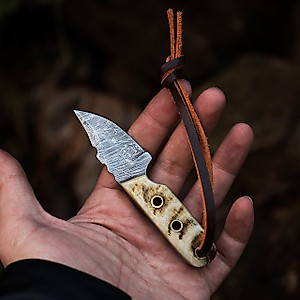 MEDIEVAL SUPPLIES Damascus Steel EDC Knife 4.5inch Fixed Blade Mini Knife Skinning,Survival,Camping and Outdoor Enthusiasts Natural Handle and Leather Sheath Brand By Medieval supplies (RAM HORN)