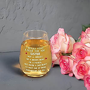 Waipfaru Funny Gift For Sister, Fight A Bear for You Stemless Wine Glass, Sister Gifts From Sister Brother, Birthday Christmas Gift for Sister Sister in Law Soul Sister Big Sister Little Sister, 15Oz