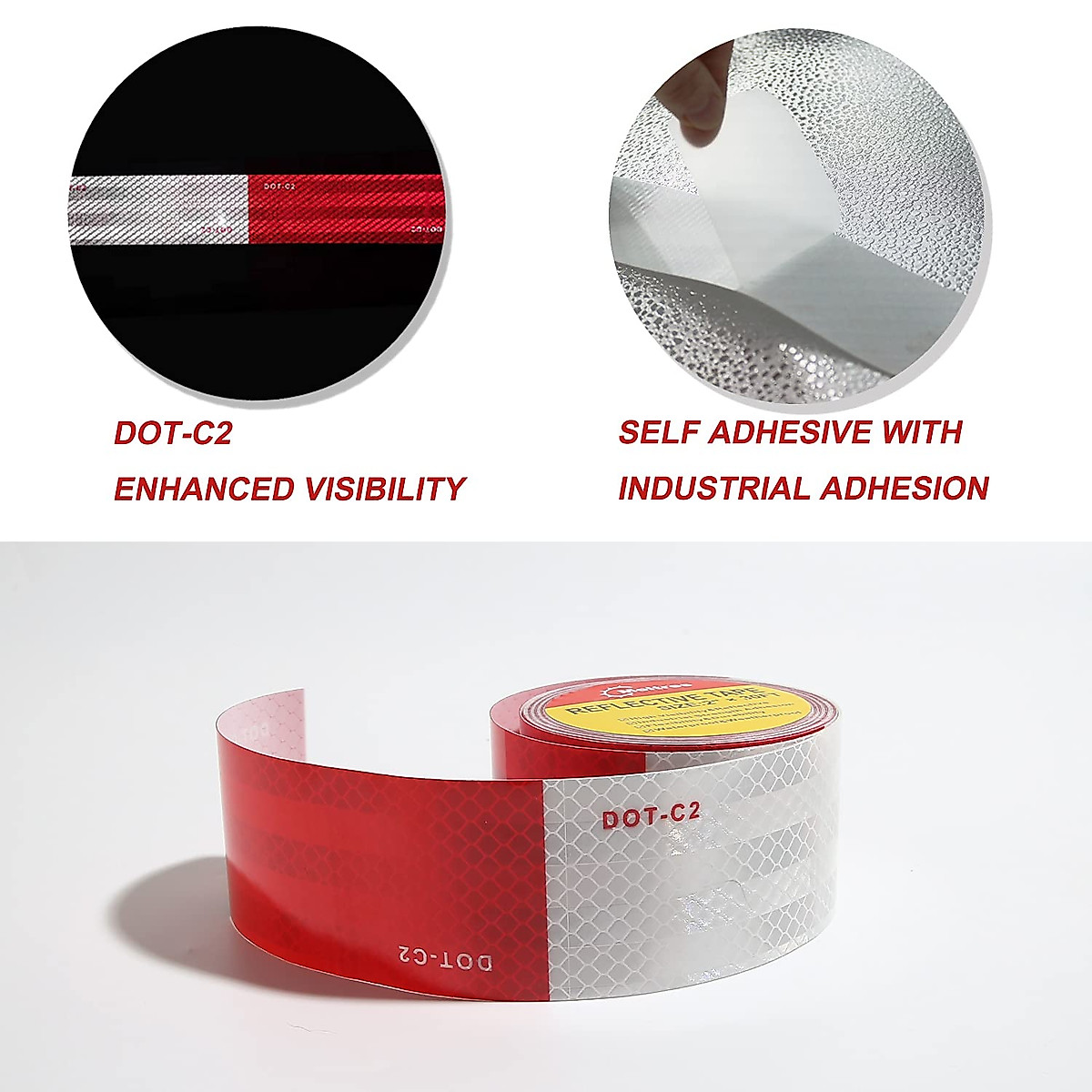 MOLTRES DOT-C2 Reflective Tape,Red White 2Inch X 30Feet Waterproof Conspicuity Safety Tape,Trailers Caution Warning Adhesive Reflector Tape for Cars Trailer Trucks Vehicles Outdoor