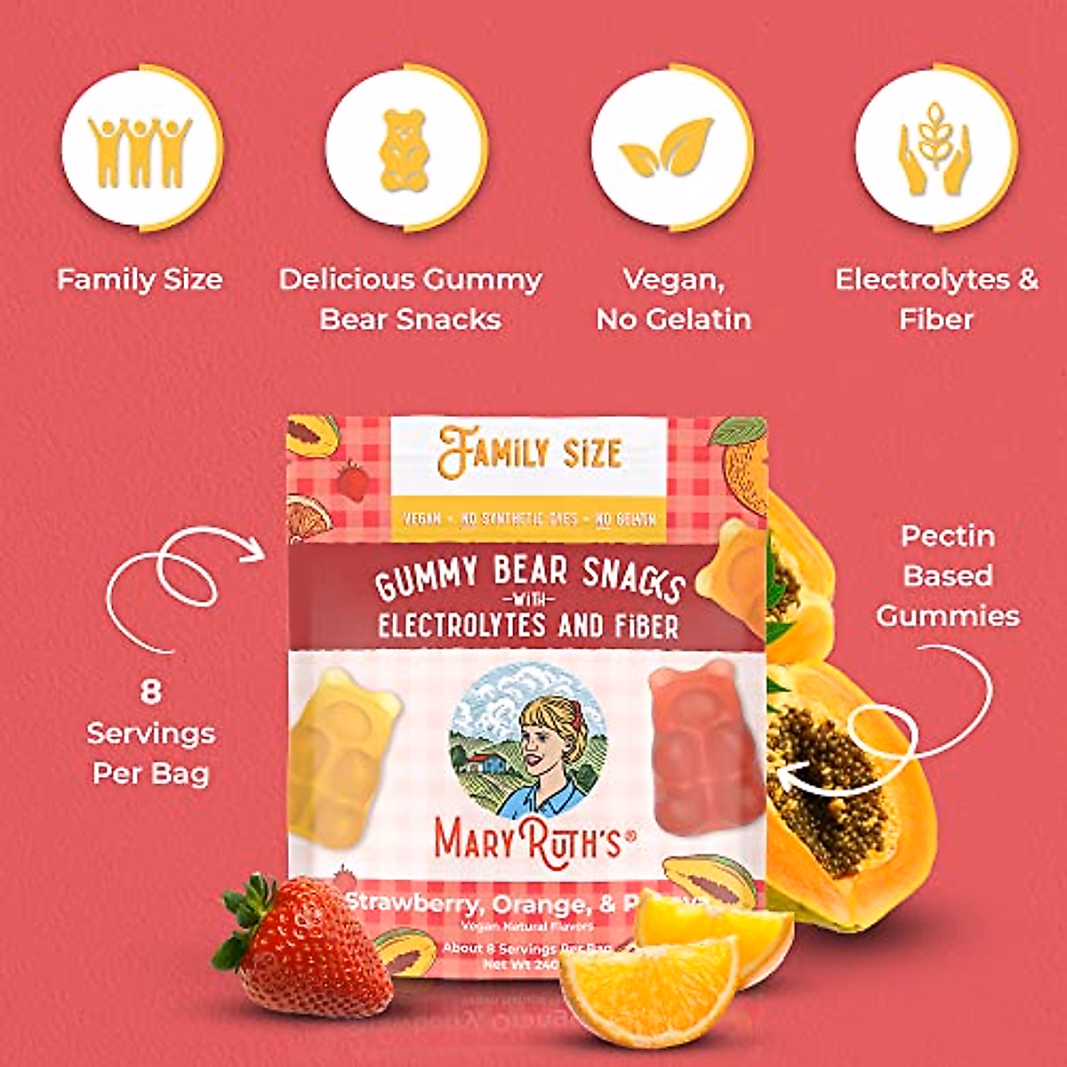 MaryRuth's Gummy Bears Snacks | Delicious Gummies with Electrolytes and Fiber | Gummy Candy Made with Organic Cane Sugar | Variety Pack | Vegan | Gluten Free | Non-GMO | Family Size | 240g