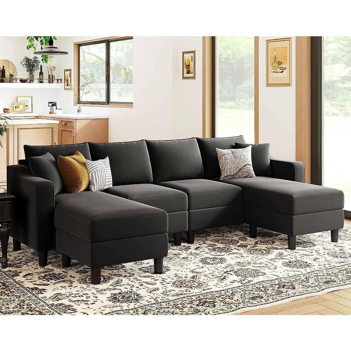 Belffin U Shaped Sectional Sofa Velvet Convertible Sofa with Reversible Chaises Sectional Couches with Ottomans for Living Room (Grey)…