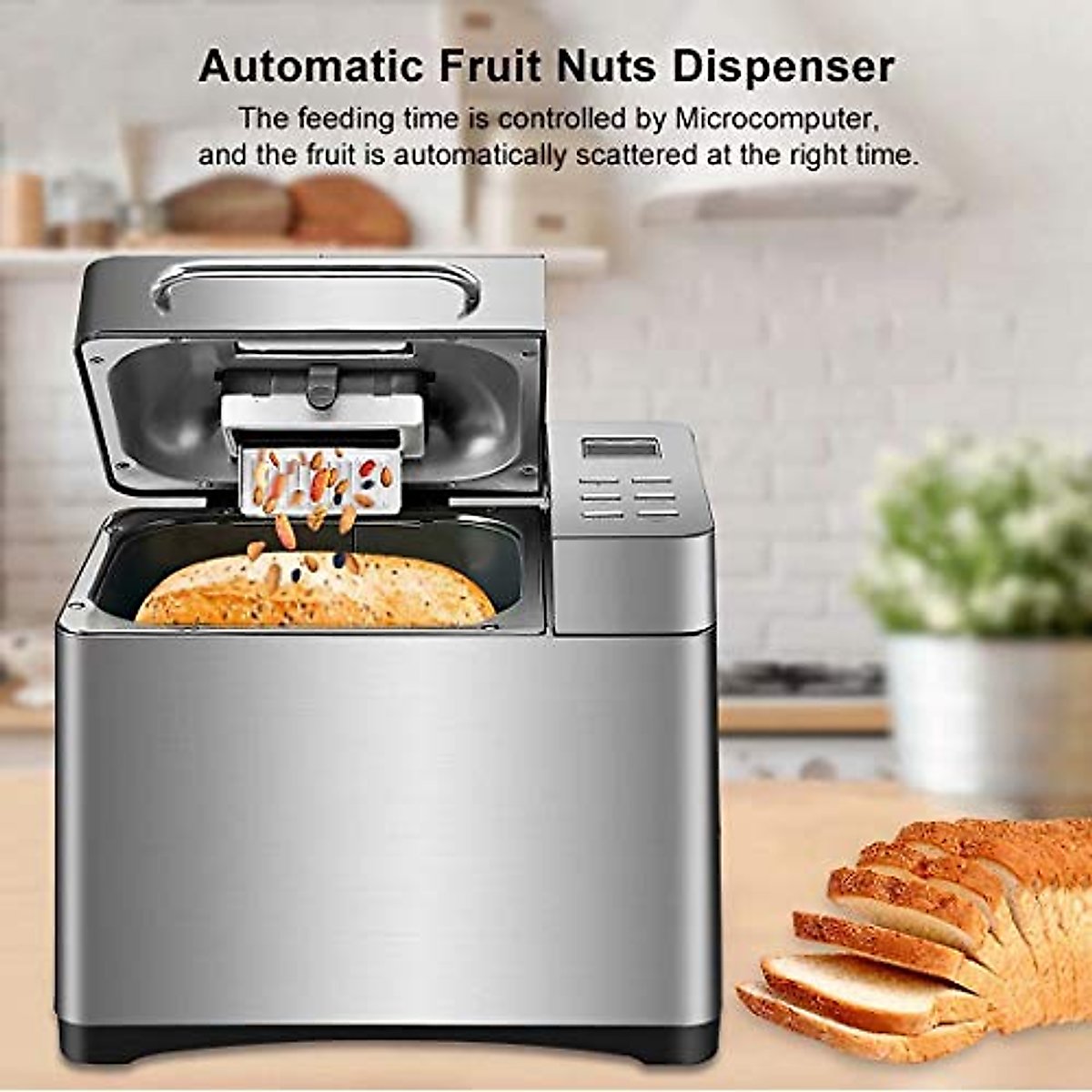 Automatic Bread Machine, Family Bread Maker Professional Non-Stick Breadmaker with Automatic Fruit Nuts Dispenser, 17 Progammes, 15 Hours Timing, 500g /750g/ 1000g Weight Settings