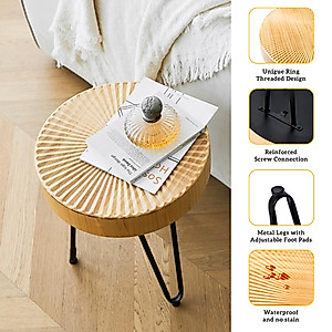 Wood Round Side Table: 15.7" Modern End Table Nightstand with Natural Wood Finish, Metal Frame Legs, Small Bedside Table for Living Room, Bedroom, Farmhouse, Small Spaces (Radial)