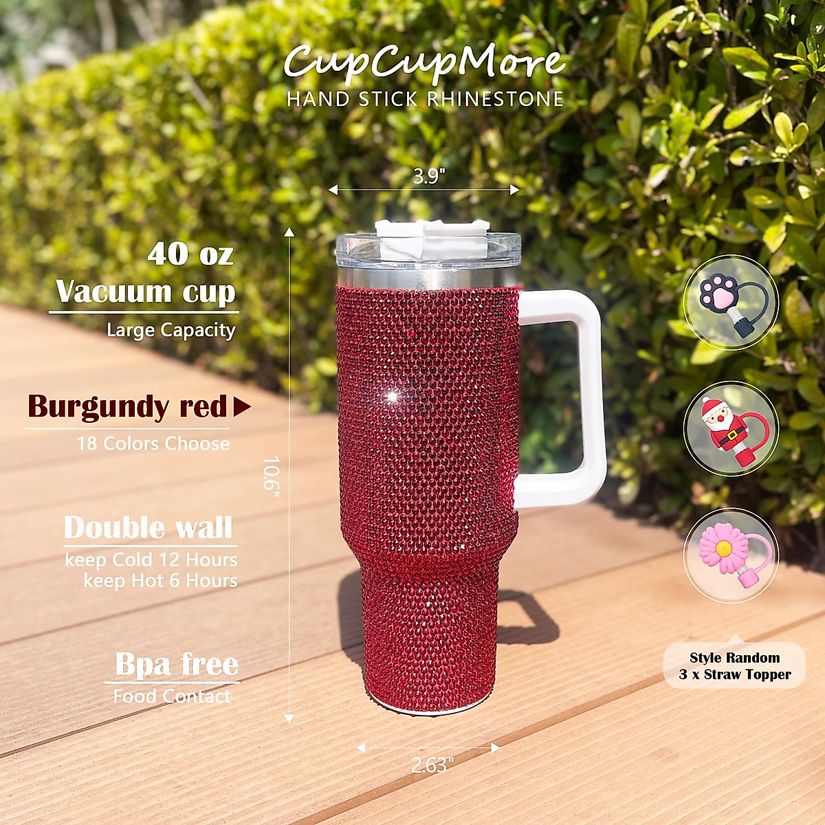 Cupcupmore 40oz Burgundy Red Bling Rhinestone Stainless Steel Sippy Tumbler Glitter Vacuum Insulated Water Bottle with Straw & Lid &Handle,Thermos for Hot & Cold Drinks,Car Cup Holder,Coffee