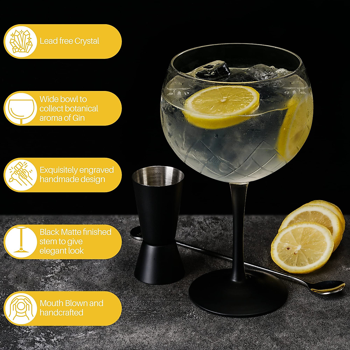MIAMIO - 2 x 22 oz Gin Glass/Set of 2 Gin Glasses - Tonic Glasses Ideal for Gin and Cocktails - Gift Set including Measuring Cup Glass and Stirring Spoon
