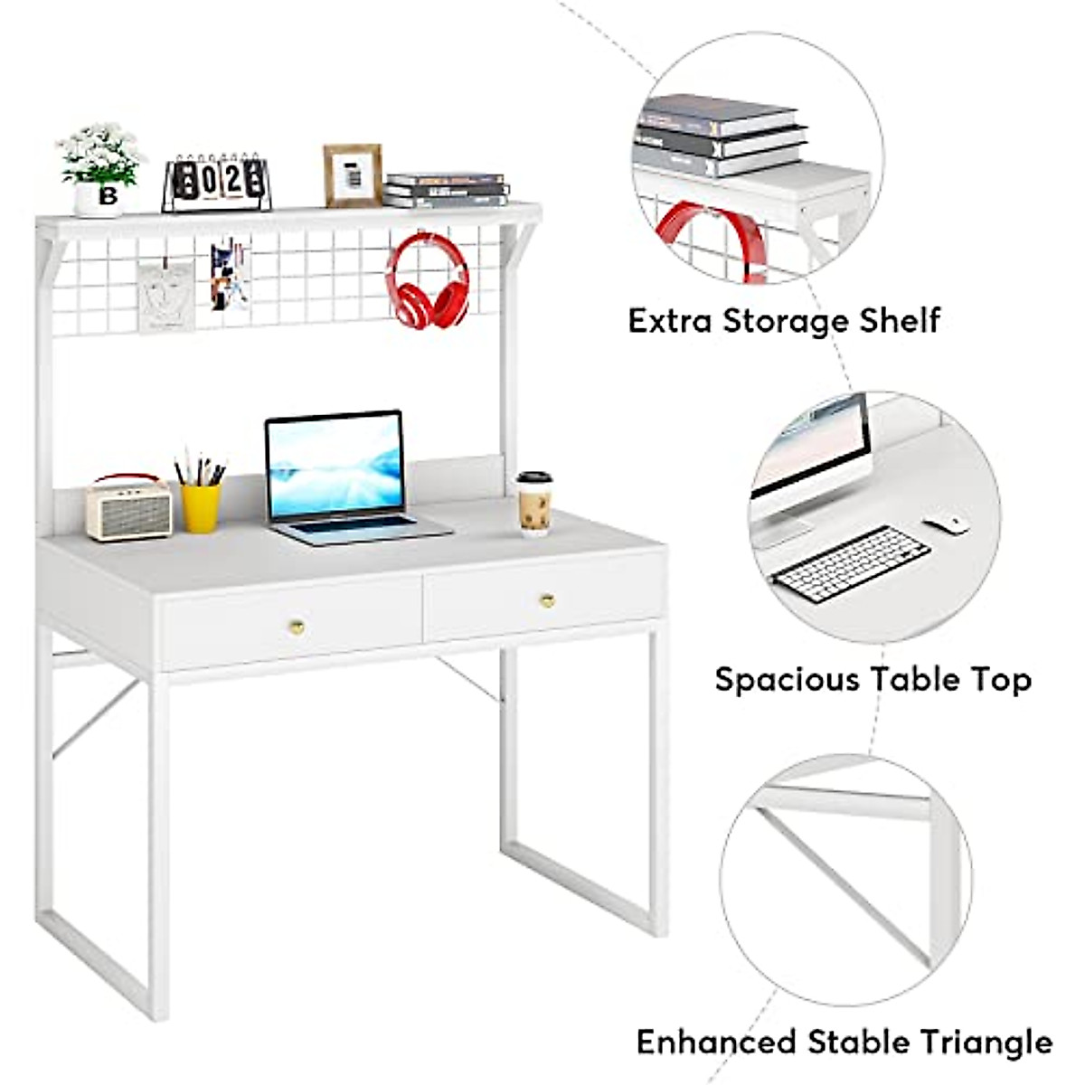 Tribesigns Computer Desk with Hutch,43 Inch Office Desk with Drawers,White Writing Desk Table with Art Display Grid Shelf,Desk for Home Office