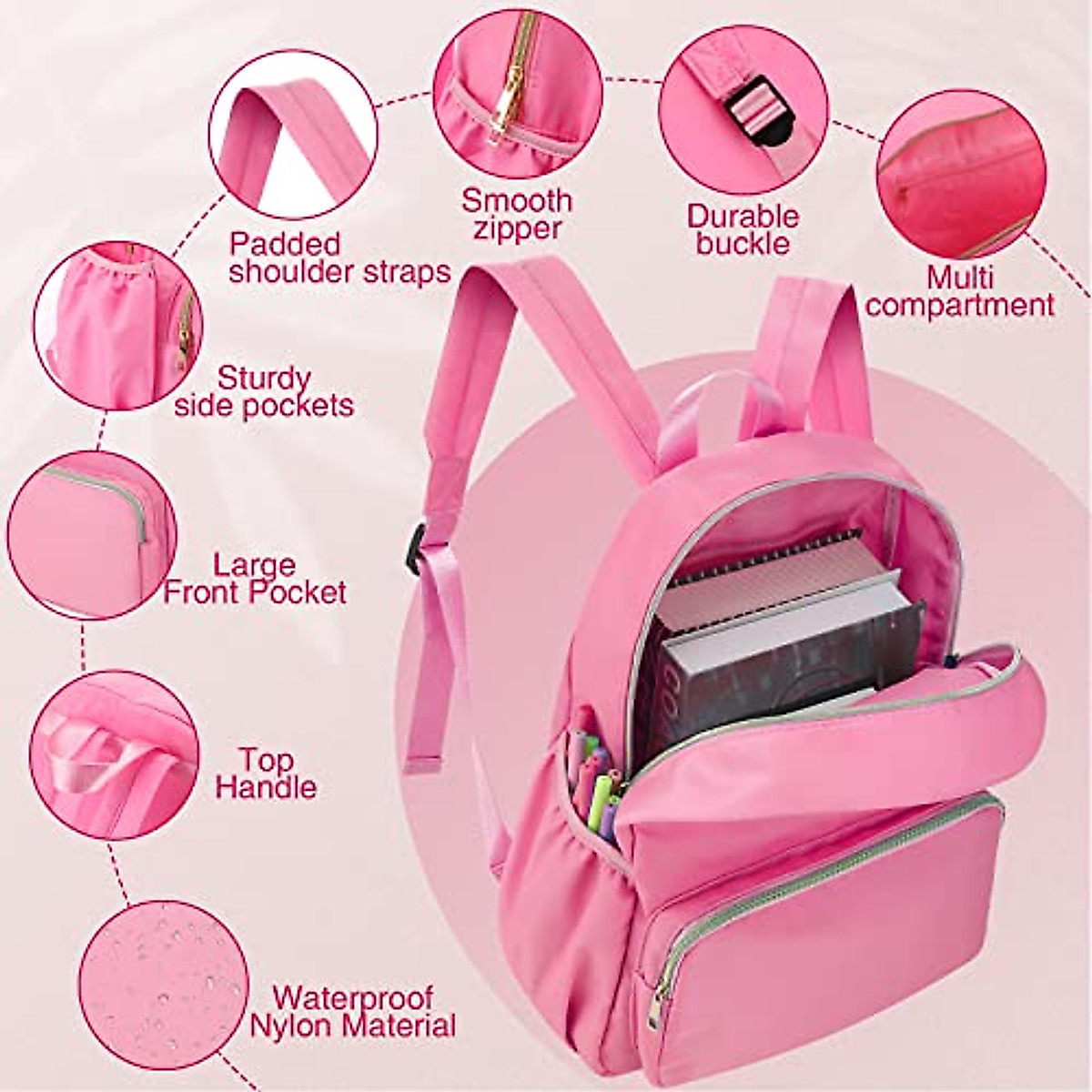 Cunno 2 Pcs Nylon Preppy Backpack for School Waterproof Lightweight Backpack Unisex Backpack for Teenage, Kids, Students (Pink)