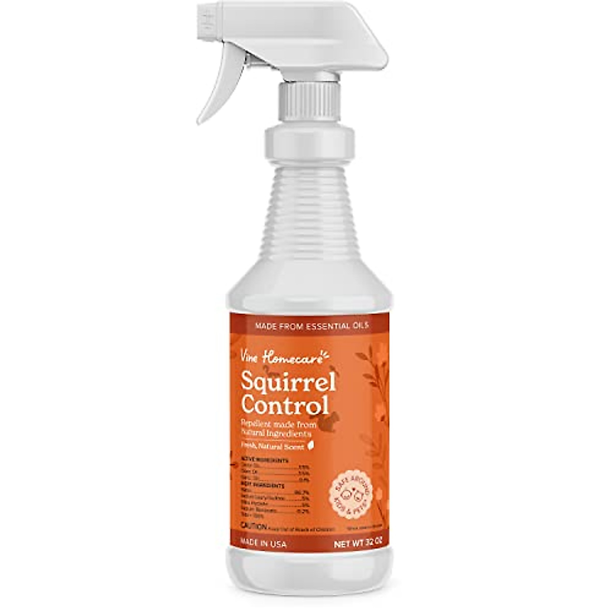Vine Homecare - Squirrel Control Spray - Natural, Non-Toxic Squirrel Repellent - Quick, Easy Pest Control - Safe for Use Around Children and Pets - Made with Essential Oils - 32 OZ
