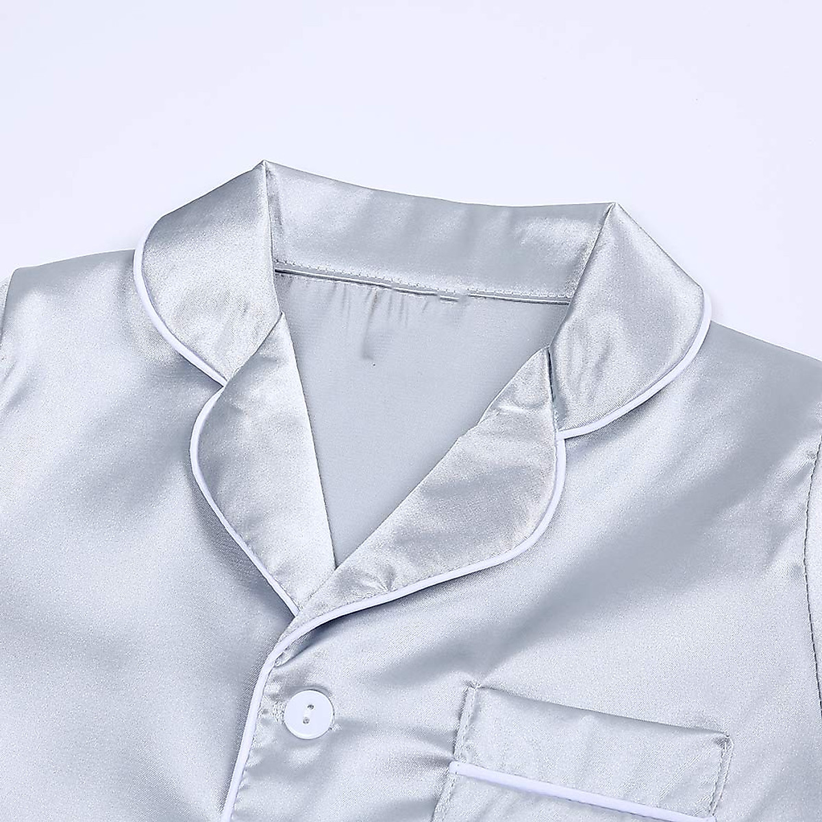 MYGBCPJS 2 Piece Kids Satin Pajamas Set Button-Down Sleepwear Loungewear PJS Shorts Sleeve Tops + Pants Silver-white