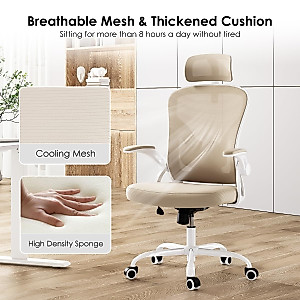 Farini Ergonomic Office Chair, Home Office Desk Chair with Headrest, High Back Computer Chair with Flip-up Armrests and Adjustable Lumbar Support for Home Office Study Bedroom, Khaki.