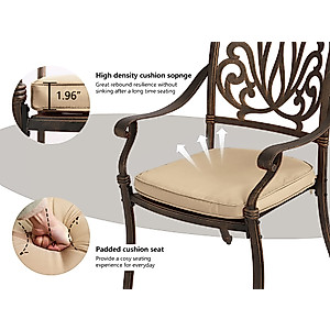 2 Piece Outdoor Dining Chairs, Cast Aluminum Dining Chairs Set of 2, Patio Bistro Chairs Set with Cushions for Patios, Gardens, Pools, Terraces (Flower Design with Khaki Cushion)