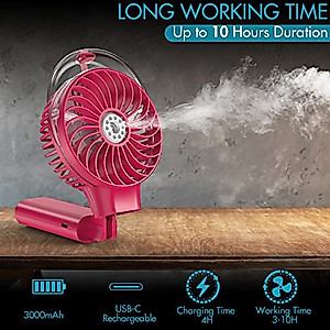 Winique Handheld Spray Fan,3000mAh Battery Powered Water Misting Desk Fan with 3 Speeds& 20ml Water Tank, 180°Foldable Personal Hand Held Fan for Home Office Outdoor Travel Camping(pink)
