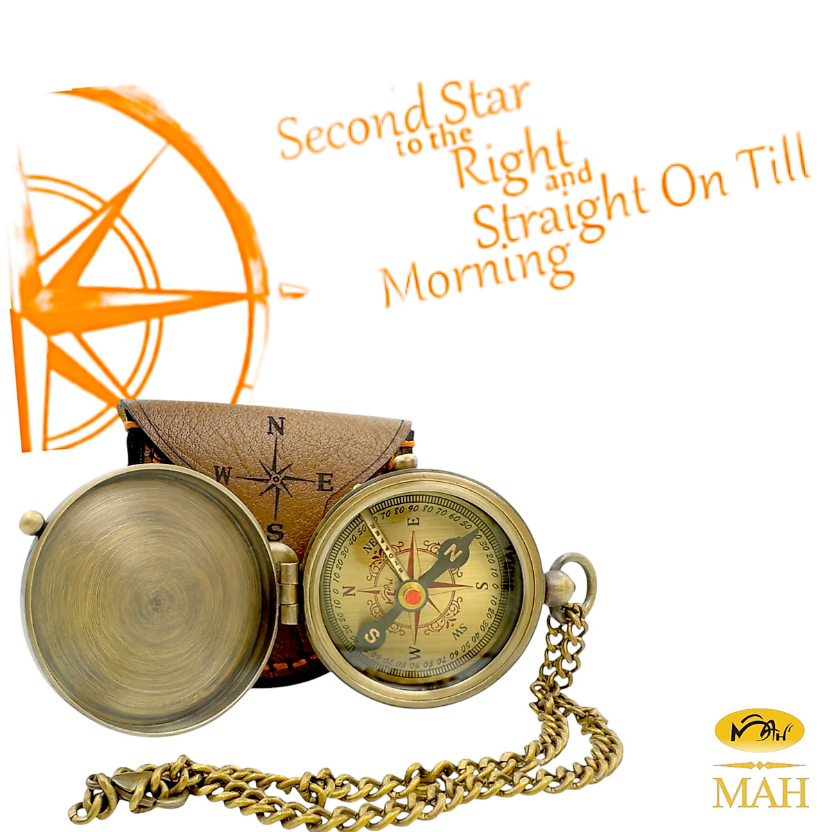 Second Star to The Right J. M. Barrie, Peter Pan Engraved Handmade Brass Compass for Birthday, Graduation Day, Confirmation Gift, Valentine Gift Parting Gift and Campion, Hiking Compass with Case