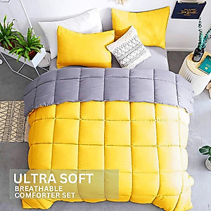 KASENTEX Dual-Sided Yellow and Grey Comforter Set, 2 Pieces Lightweight Teen Solid Bedding Set & Collections, All Season Fluffy Bed Set (68x88in Comforter & 1 Pillowcase)