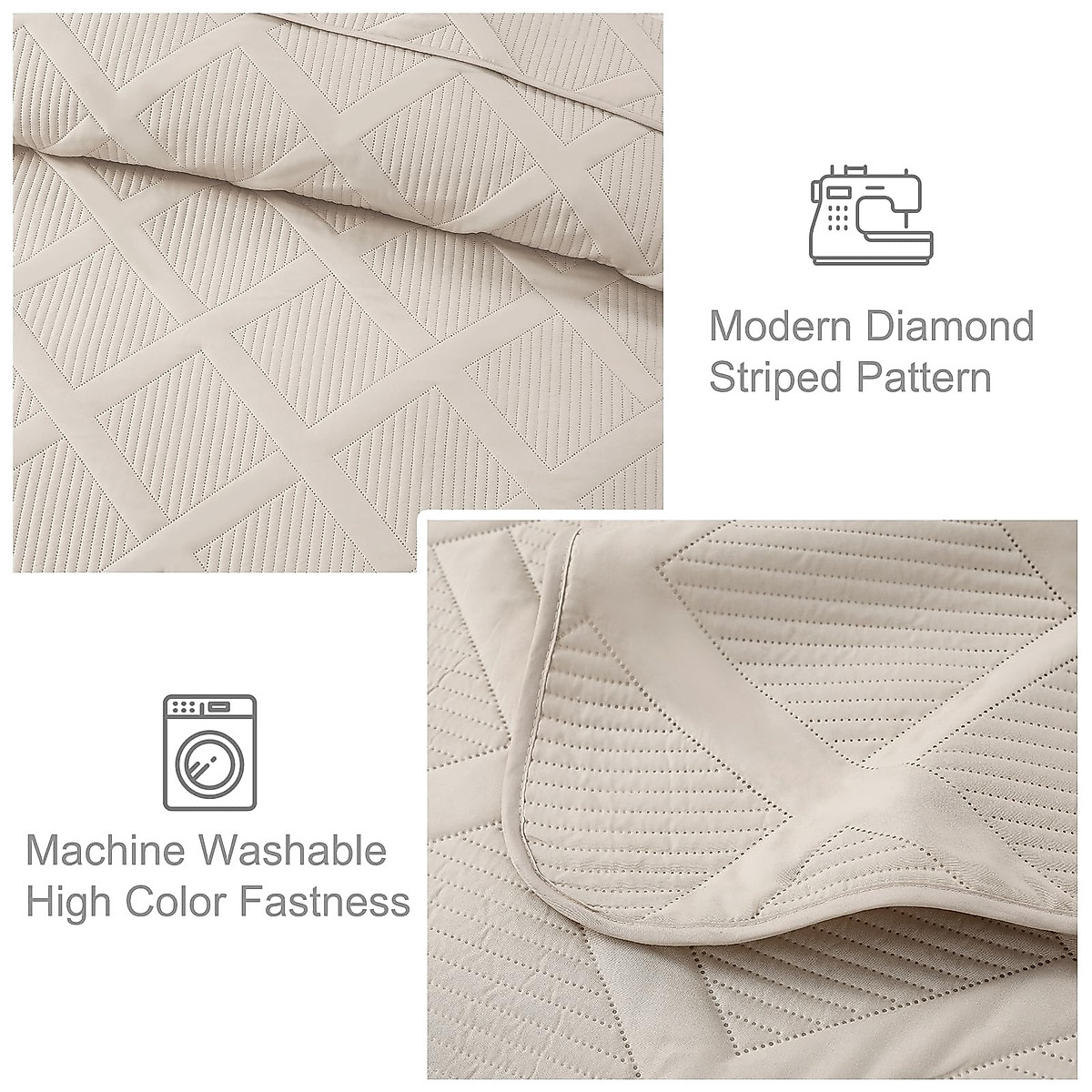 Exclusivo Mezcla Quilt Set King Size, 3 Pieces Brich Beige King Quilt Bedding Set, Lightweight Quilts Soft Bedspreads Modern Striped Coverlets for All Seasons