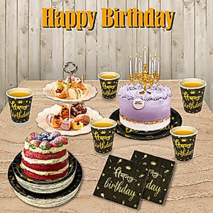 200 Pieces Gold Disposable Party Dinnerware Set &Golden Dot Disposable Birthday Party Dinnerware - Black Paper Plates Napkins Cups, Gold Plastic Forks Knives Spoons