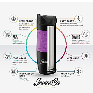 INVINCEA ONE-CLICK Travel Mug: Thermal Vacuum-Insulated Coffee Mug, Double-Wall Stainless Steel Durable Mug with a Leak Proof Lid for your Daily Hot/Cold/Ice Drinks; 16-oz Metal Cups. Black/Violet
