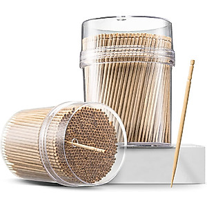 2500 Count Wooden Toothpicks + Reusable Holder Container | Sturdy Smooth Finish Bamboo Tooth Picks | Cocktail Picks | Toothpicks For Appetizers | Toothpicks Wood