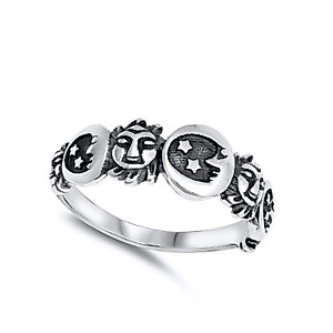 Oxidized Moon Star Sun Mythological Ring .925 Sterling Silver Band Size 6