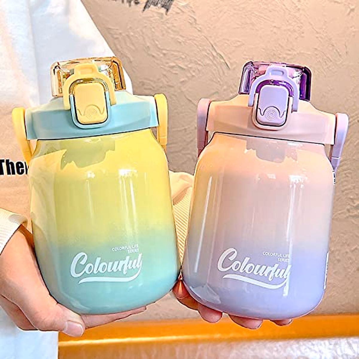 Smalibal 620ml Thermal Cup with Handle and 2-in-1 Straw Lid, Gradient Color Stainless Steel Big Belly Bottle, Insulated Mug Thermal Vacuum Tumbler Water Bottle for School, Office, Travel, Outdoor, Sp