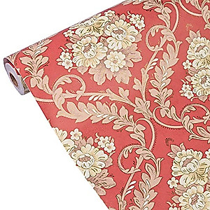 Simplemuji Red Damask Self-Adhesive Shelf Drawer Liner PVC Wallpaper for Counter top Closet 17.7''x98''