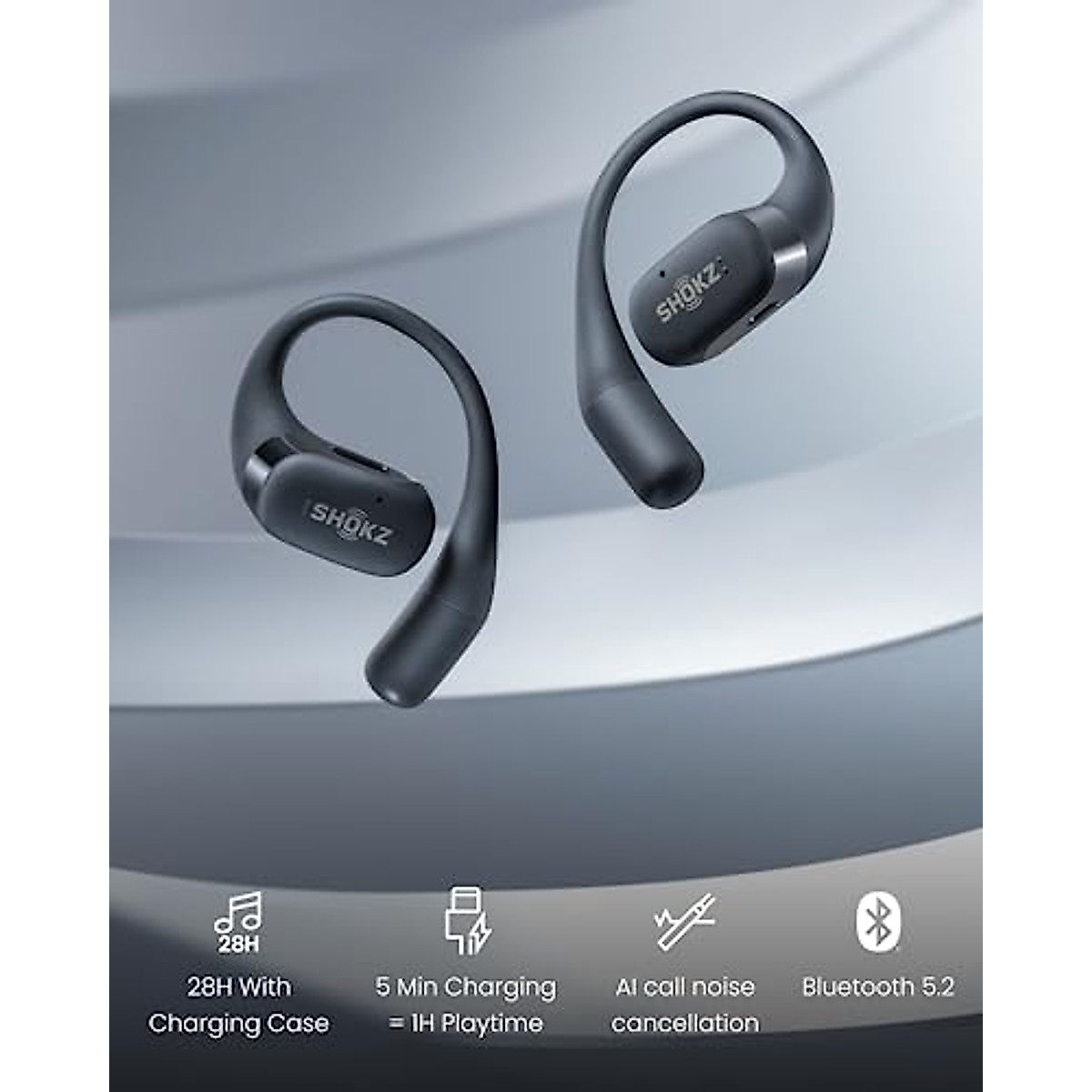 SHOKZ OpenFit - Open-Ear True Wireless Bluetooth Headphones with Microphone, Earbuds with Earhooks, Sweat Resistant, Fast Charging, 28HRS Playtime, Compatible with iPhone & Android