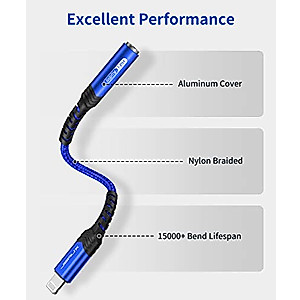 JSAUX Lightning to 3.5mm Adapter, iPhone Headphone Adapter [Apple MFi Certified] iPhone Aux Adapter Compatible with iPhone 14/14 Pro Max/13/13 Pro Max/12/12 Pro Max/11/11 Pro Max/SE/X/XR/XS/8-Blue
