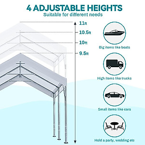ADVANCE OUTDOOR 10x20 ft Carport Heavy Duty Car Canopy Garage Party Tent Outdoor Portable Boat Shelter, Adjustable Height from 9.5 ft to 11 ft, White