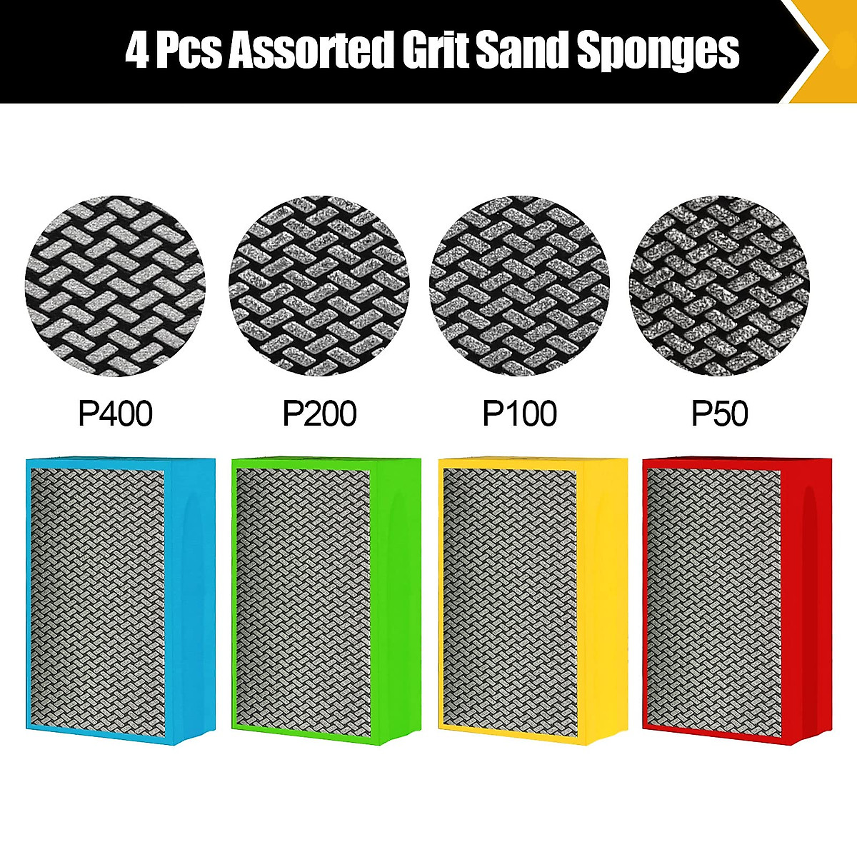 BOSHCRAFT Diamond Hand Polishing Pads, Sanding Block Foam Backing for Tile Marble Glass Stone Granite Ceramics Polishing 50/100/200/400 Grit Wet or Dry Diamond Sanding Pads 4Pack