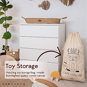 Sansaura Nursery Set - Seagrass Baby Changing Basket, Diaper Basket, with Thick Waterproof Pad & 100% Cotton Fitted Sheet, Toy Storage Bag, Woodland Designs, Shower Gift for Newborns, Boho nursery