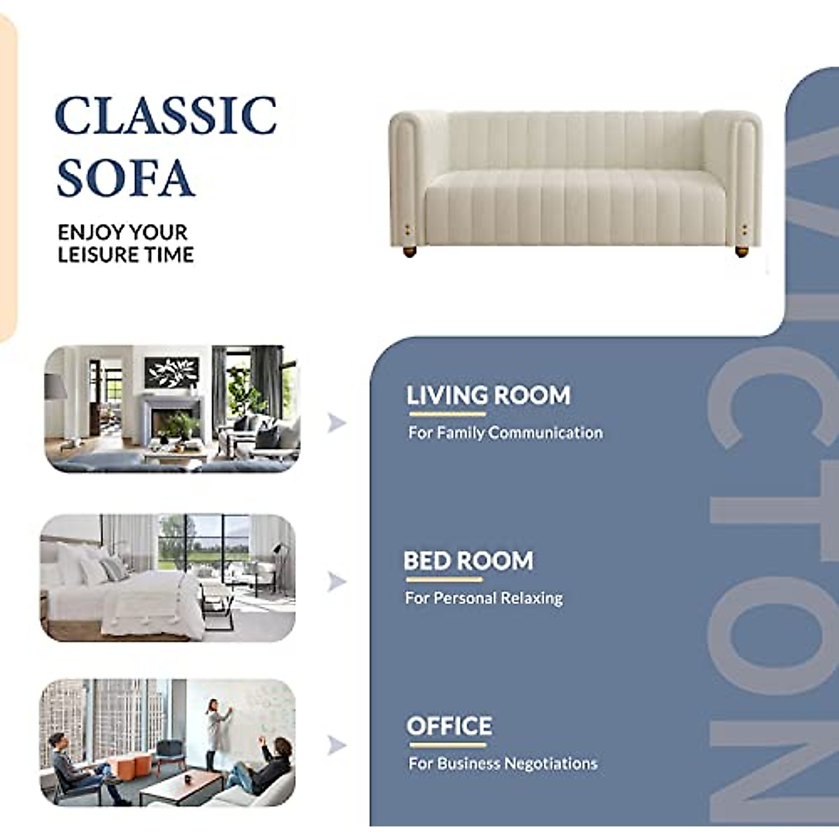 RUNOLIG Velvet Couch, Upholstered Chesterfield Sofa with Unique Level Arms and Golden Ball Legs, Comfy Couch with Vertical Stripe Style and Wooden Frame, Couches for Living Room, Apartment (White)